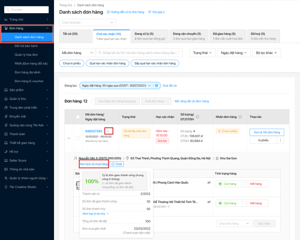 Hướng dẫn xem lịch sử mua hàng của khách hàng – Học viện Tiki